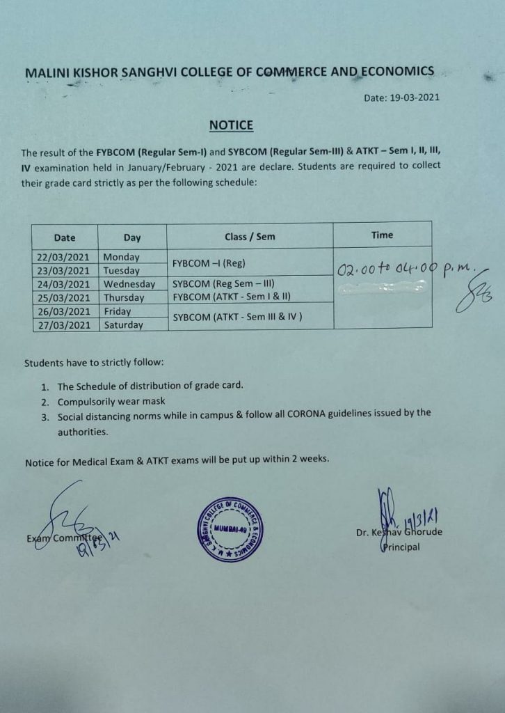 Distribution of Grade Card for BCOM – MKS College