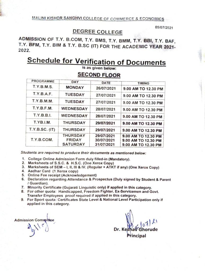 Schedule for Verification of Documents – Third Year B.com & SFC 2021-22 ...